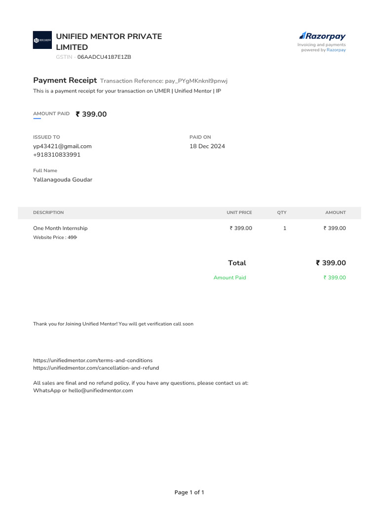Receipt Pay - Pygmknkni9pnwj From Unified Mentor Private Limited (Paid ...