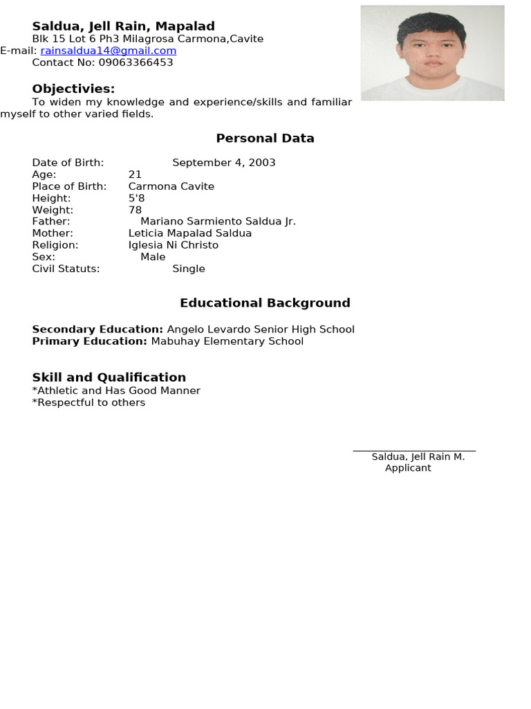 Jell Rain Saldua Resume Overview | PDF