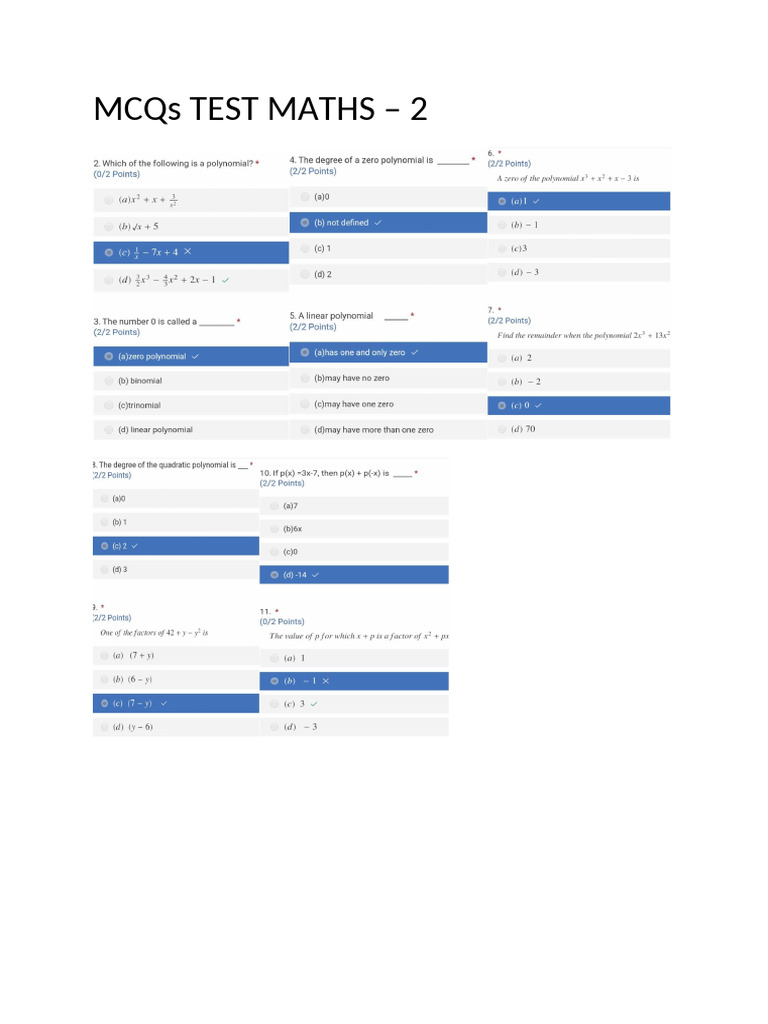 MCQs TEST MATHS 2 | PDF