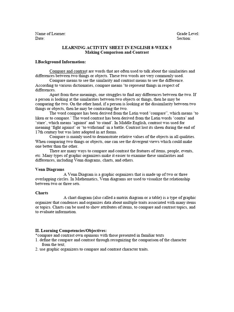 Compare and Contrast Activity Sheet | PDF | Human Communication | Learning