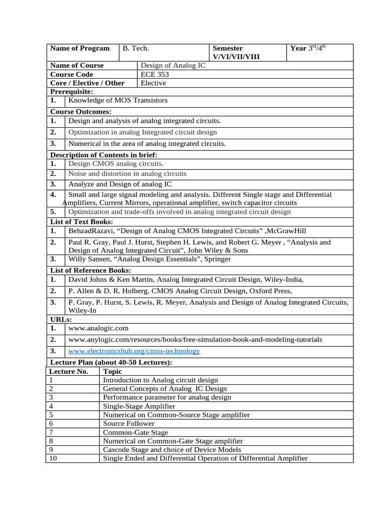 Syllabus and Lecture Plan - Design of Analog IC ECE 353 | PDF ...