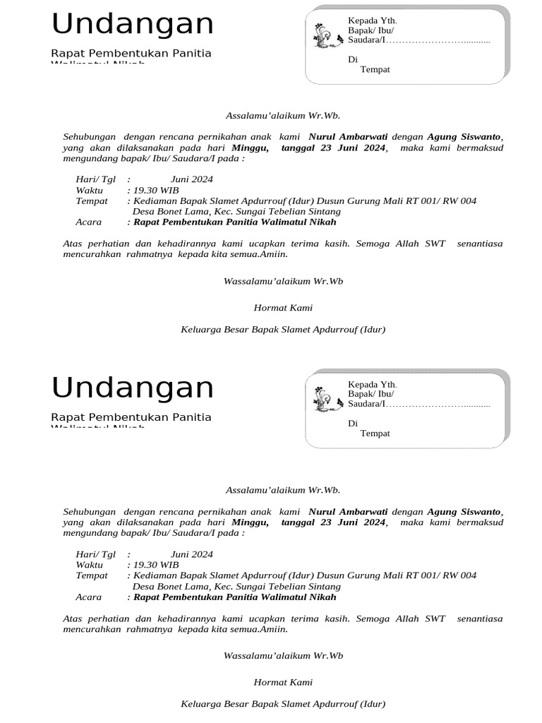 Undangan Rapat Panitia Nikah 2024 | PDF