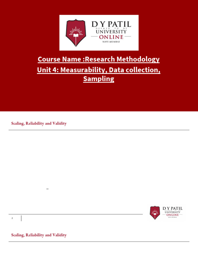PPT Mod 4 Measurability, Data Collection, Sampling | PDF | Validity (Statistics) | Cronbach's Alpha