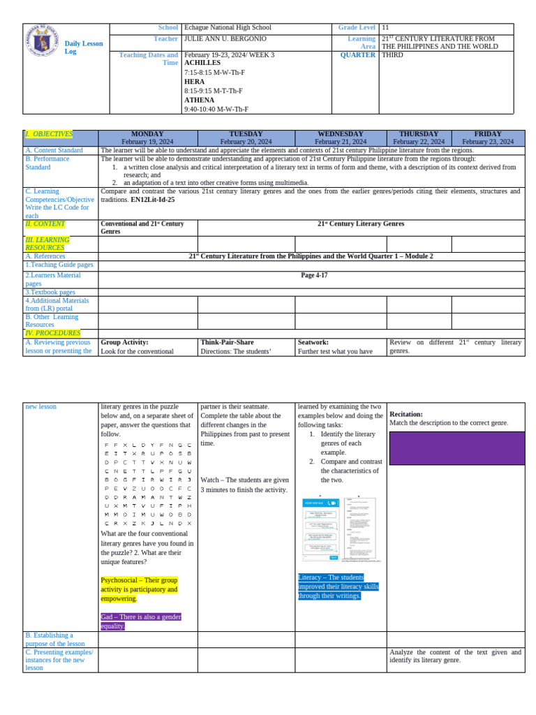 Q1-W3-DLL-21st Century Literature | PDF | Genre | Literacy Q1-W3-DLL-21st Century Literature | PDF | Genre | Literacy