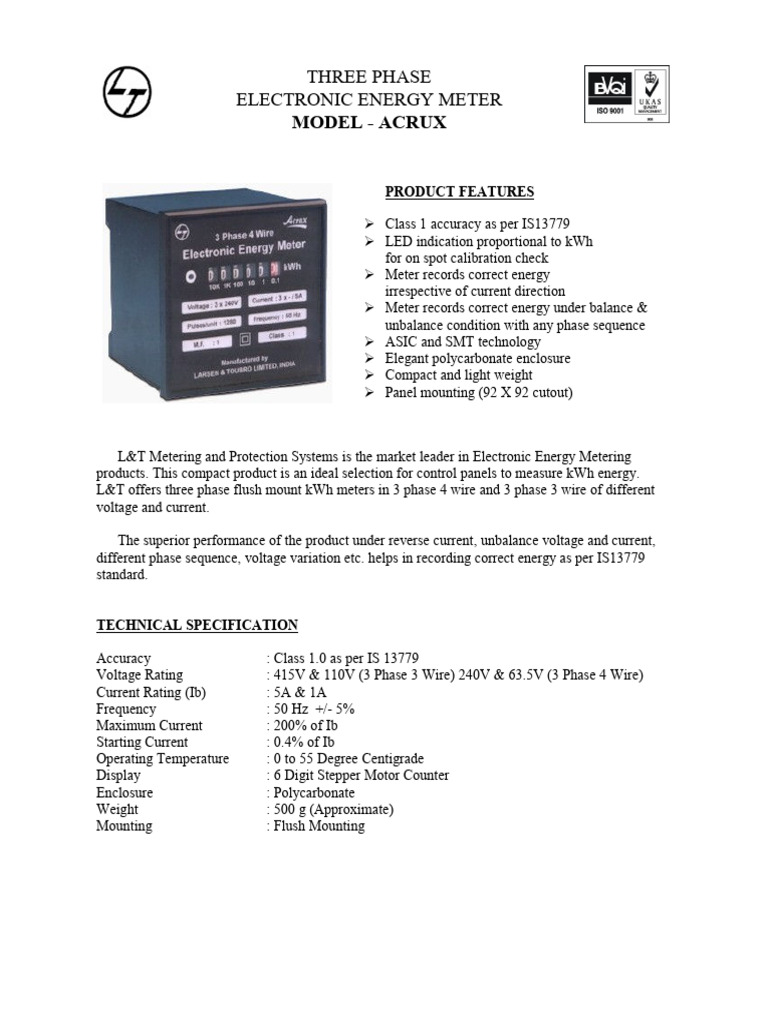 PA - Counter Type KWH Meter Acrux - Manual - 1 - 0 | PDF | Mains ...