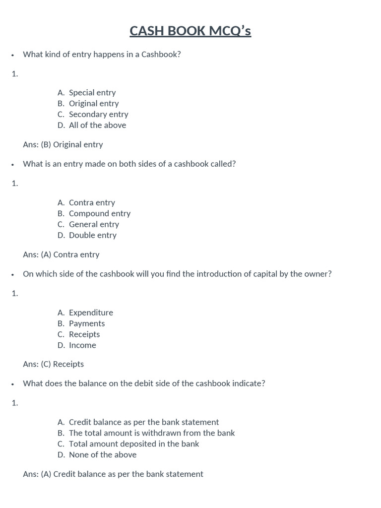 Cash Book Mcq | PDF | Debits And Credits | Banks