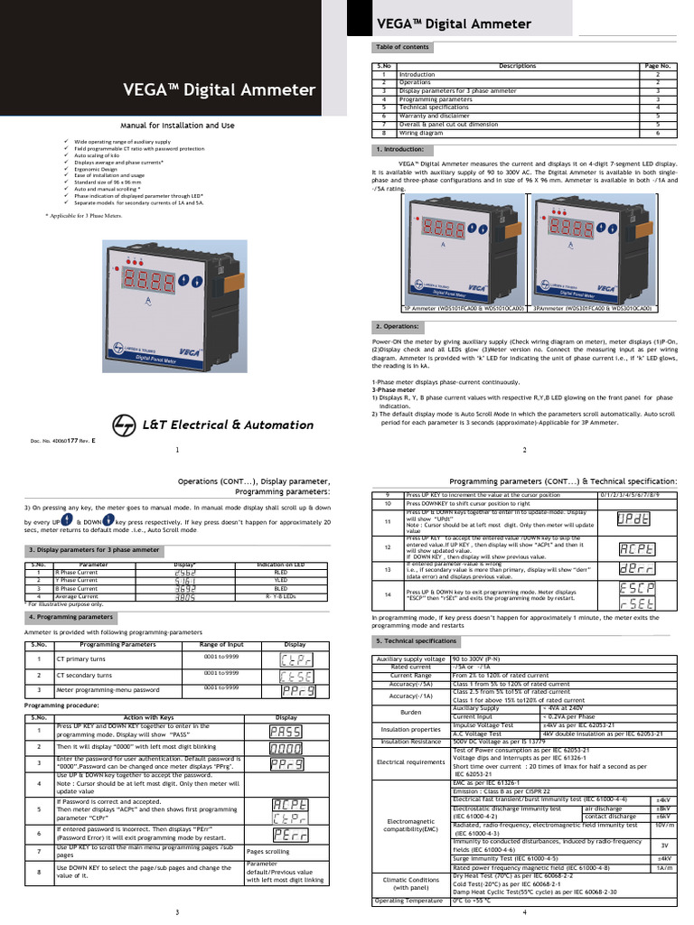 PA - Single Function Ammeter VEGA - Manual - 1 - 1 | PDF | Electricity | Electrical Engineering