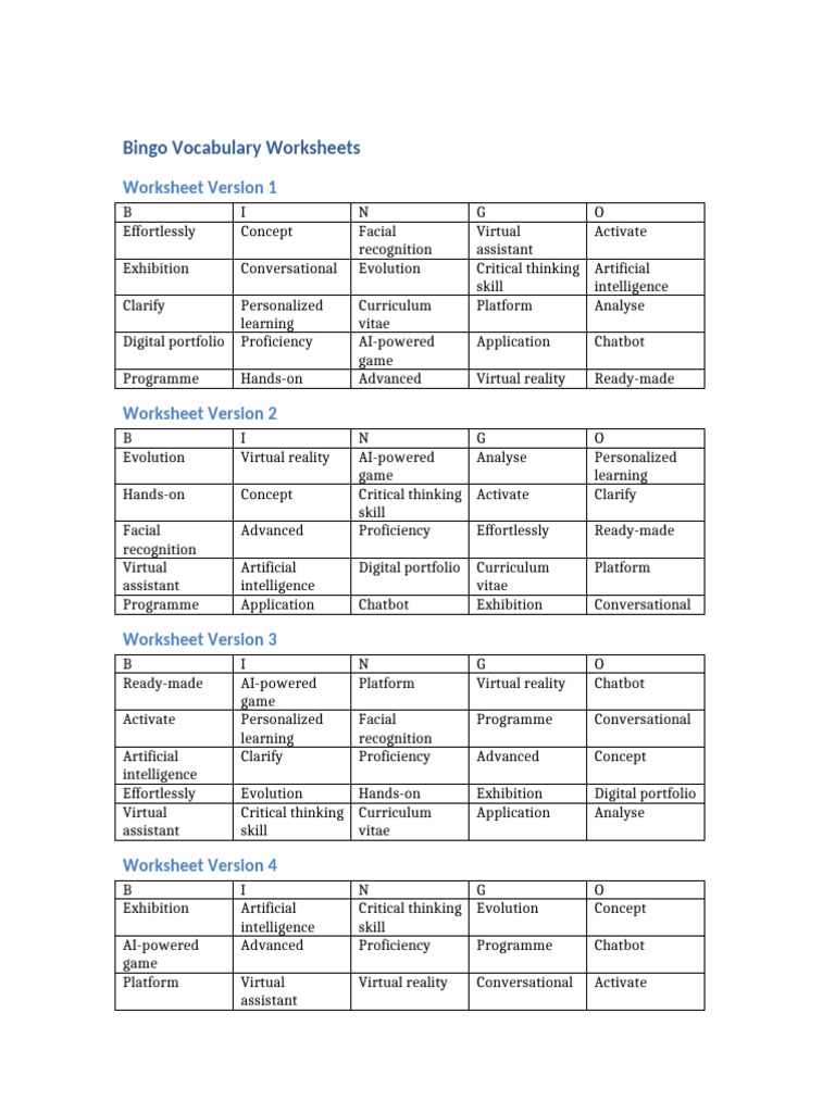 Bingo Vocabulary Worksheets Square | PDF | Computing | Human Communication