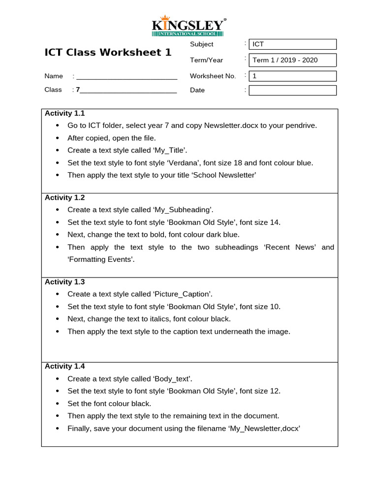 2019-2020 Year 7 Term 1 ICT Class Worksheet 1 | PDF