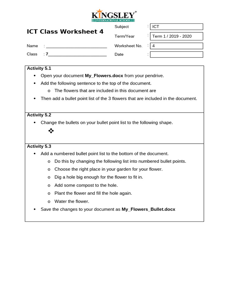 ICT Class 7 Worksheet: Bullet Lists | PDF