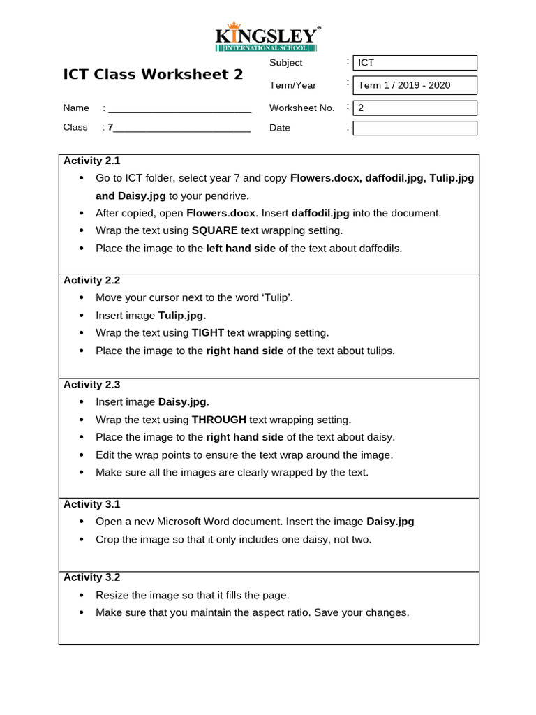 Year 7 ICT Worksheet: Image Editing Tasks | PDF