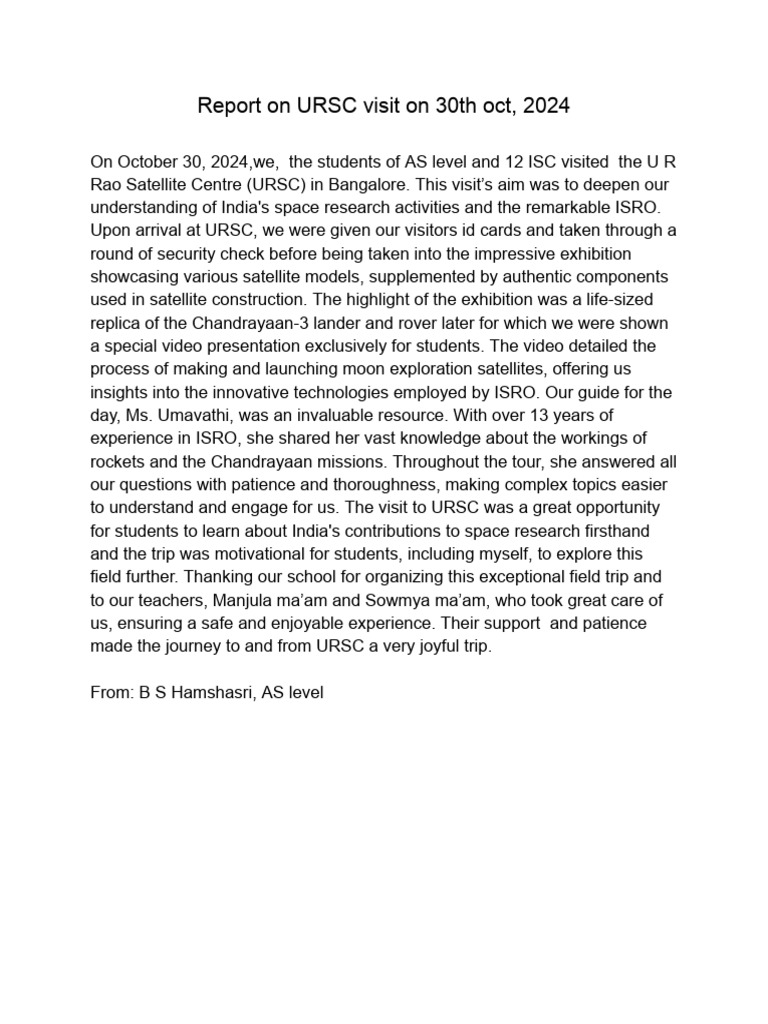 URSC Visit Report: Insights on ISRO | PDF