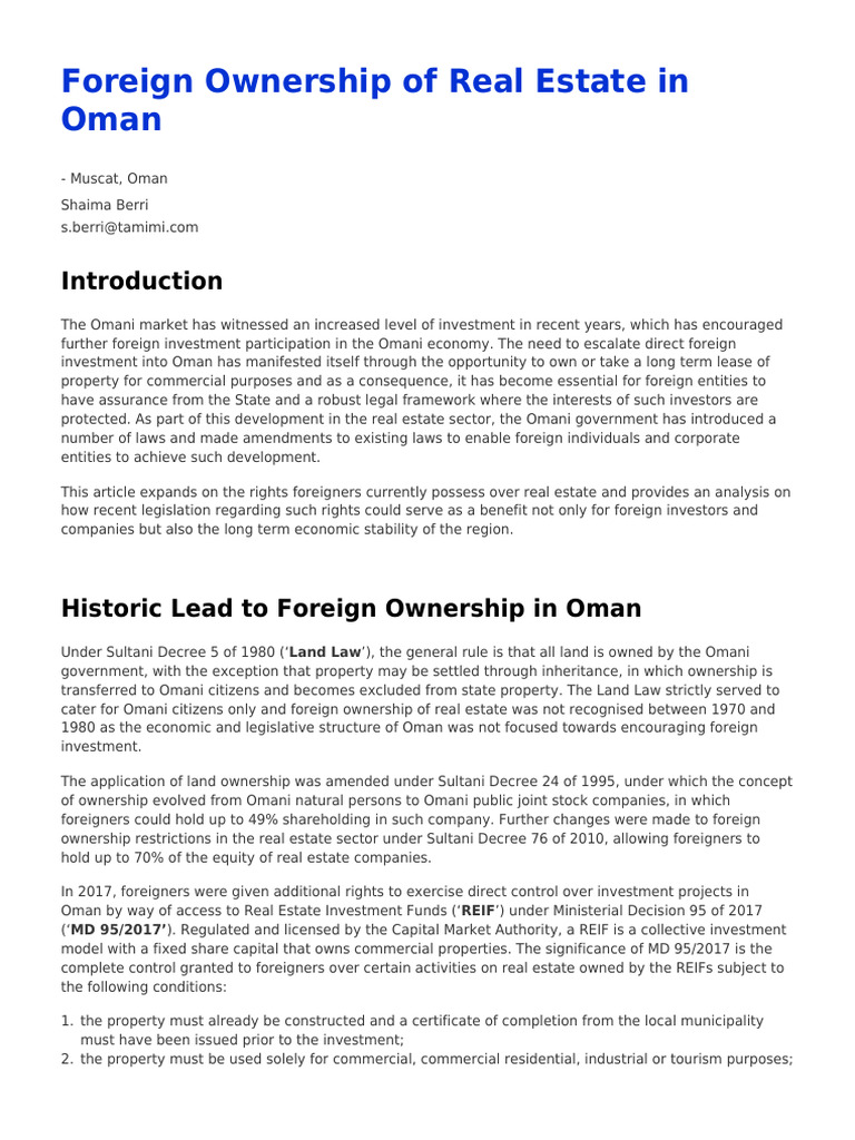 Foreign Ownership of Real Estate in Oman | PDF | Oman | Ownership