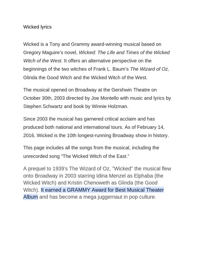 Wicked Musical Song Lyrics Overview | PDF