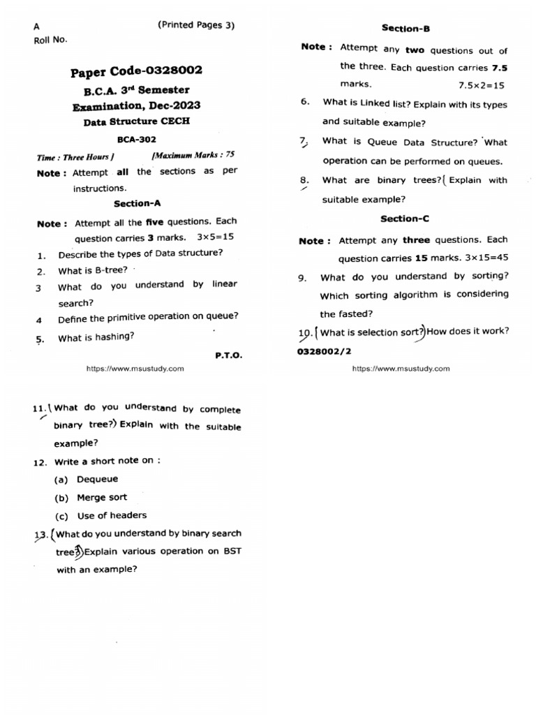 Bca 3 Sem Data Structure Cech 0328002 Dec 2023 | PDF