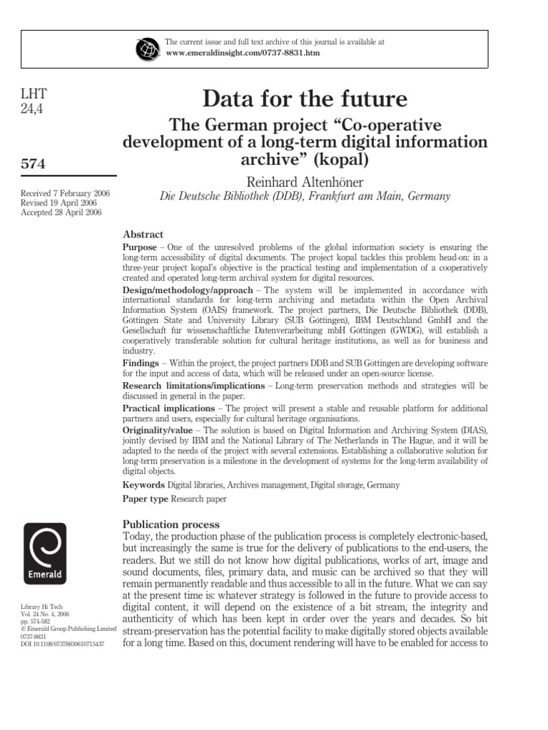 Data For The Future: The German Project "Co-Operative Development of A Long-Term Digital ...