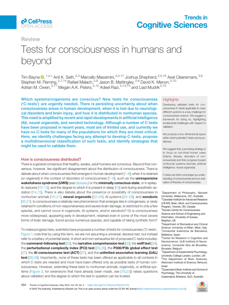 2024 Tests For Consciousness in Humans and | PDF | Consciousness ...