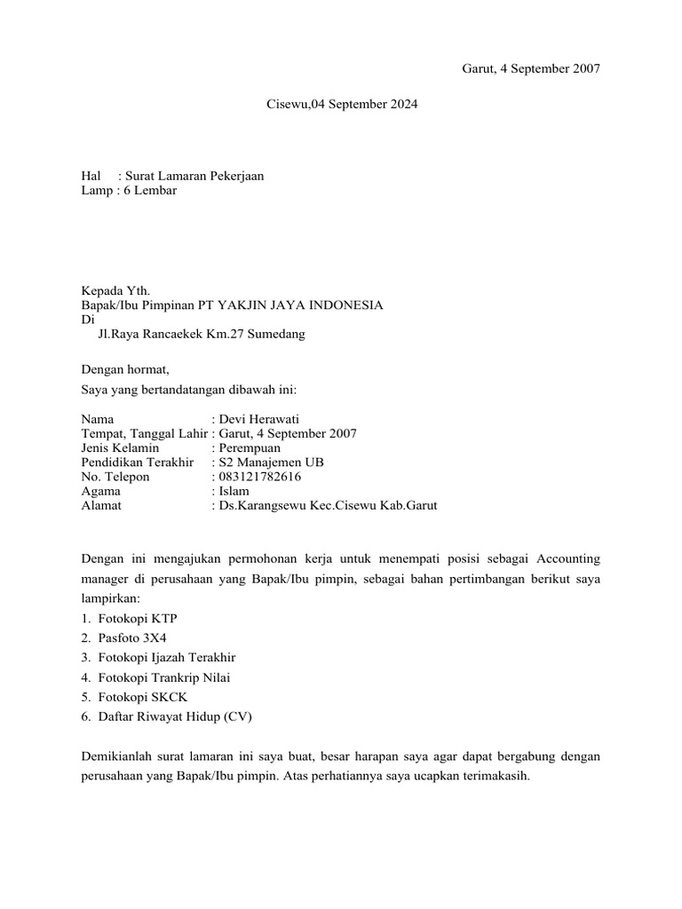 Surat Lamaran Pekerjaan (Devi Herawati) | PDF