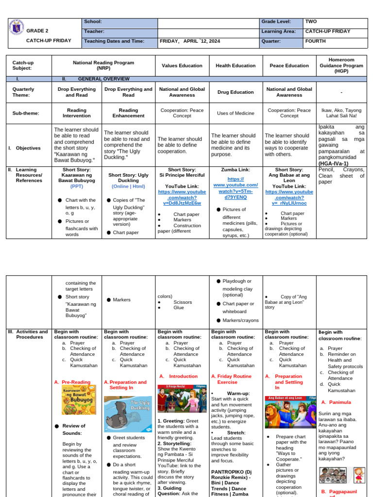 Week 1-Dll-Catch-Up-Friday-Grade-2 | PDF | Reading Comprehension | Learning
