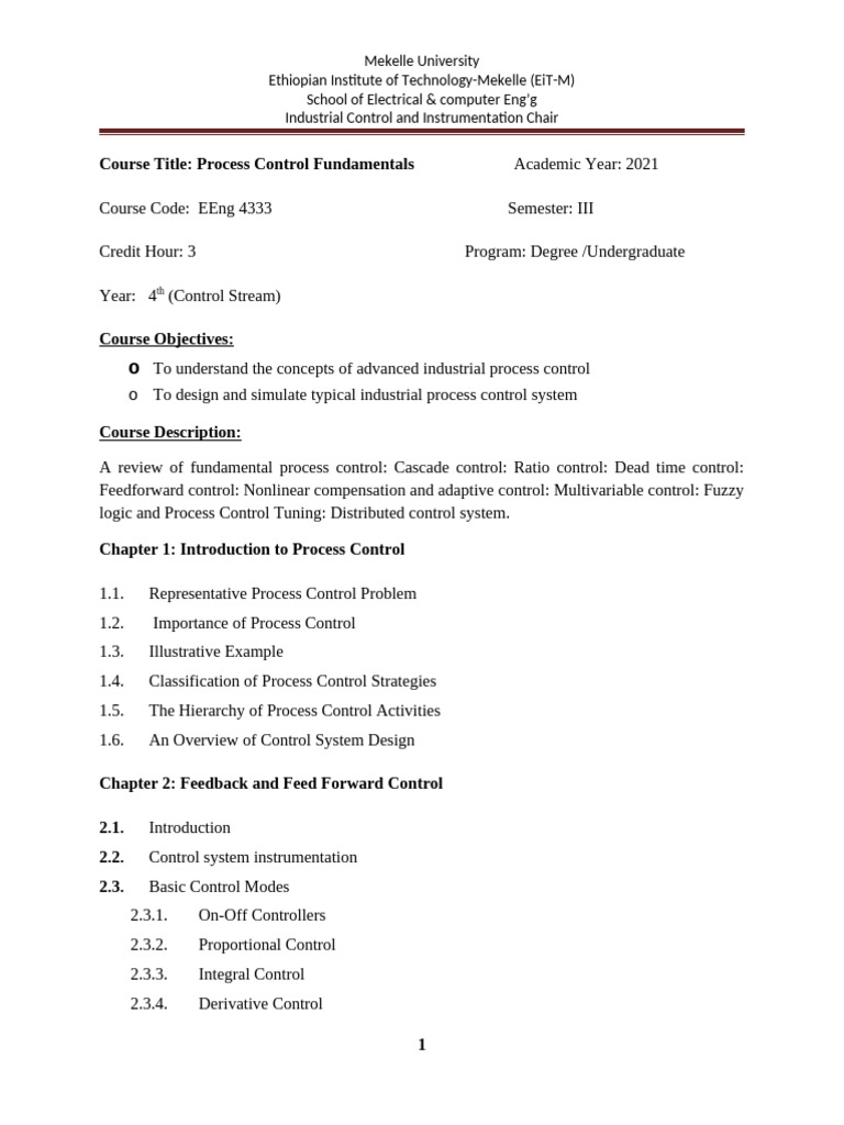 Process Fundamental Courseoutline | PDF | Applied Mathematics | Control Theory