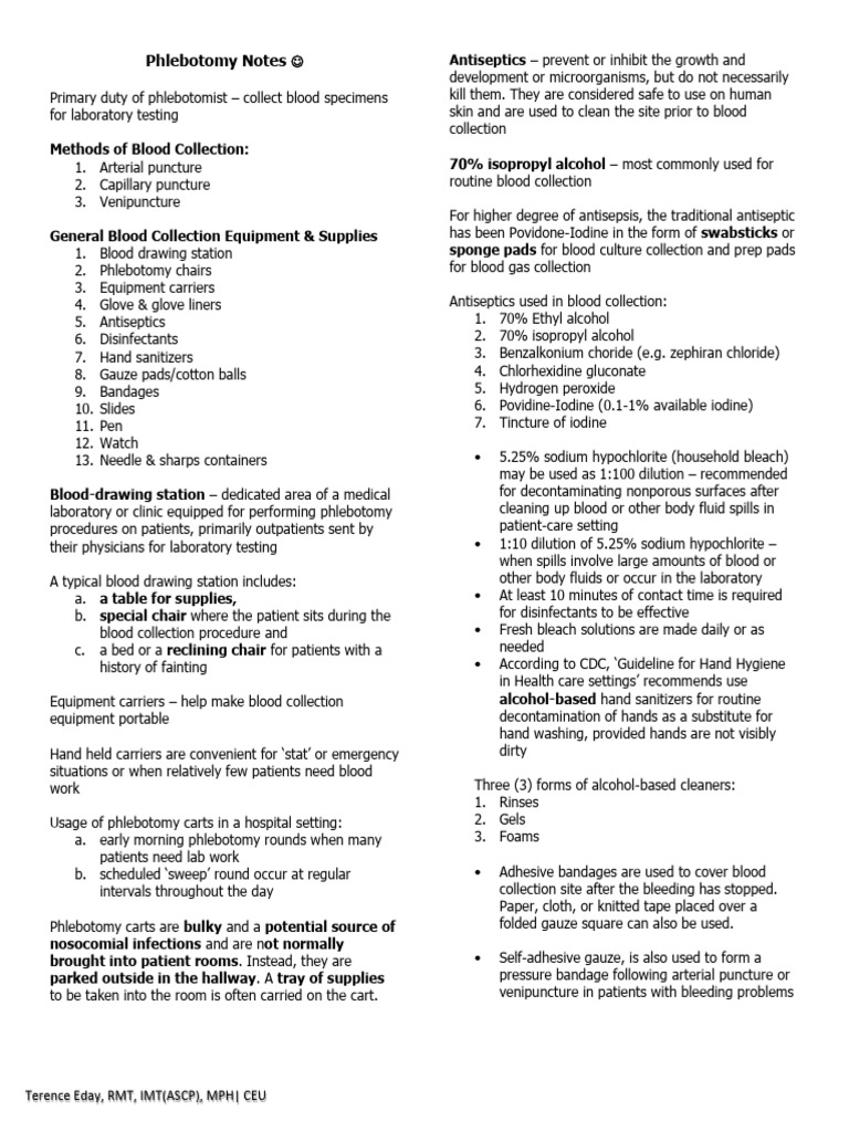 Phlebotomy-Notes | PDF | Intravenous Therapy | Syringe