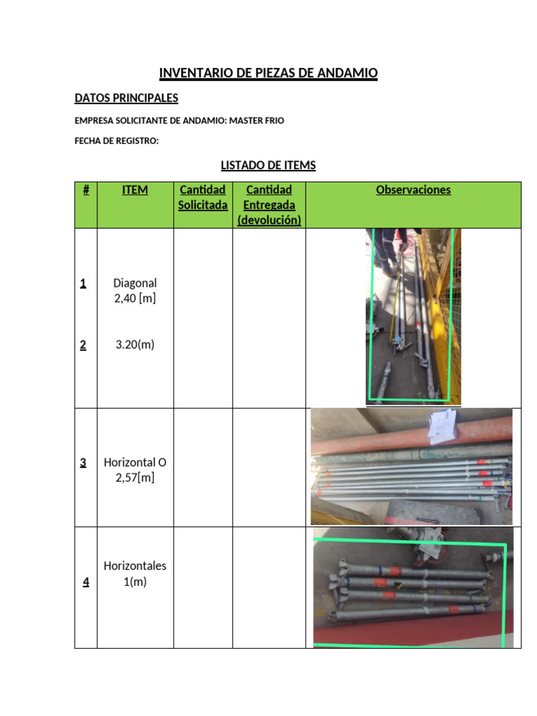 Inventario de Andamios para Master Frio | PDF