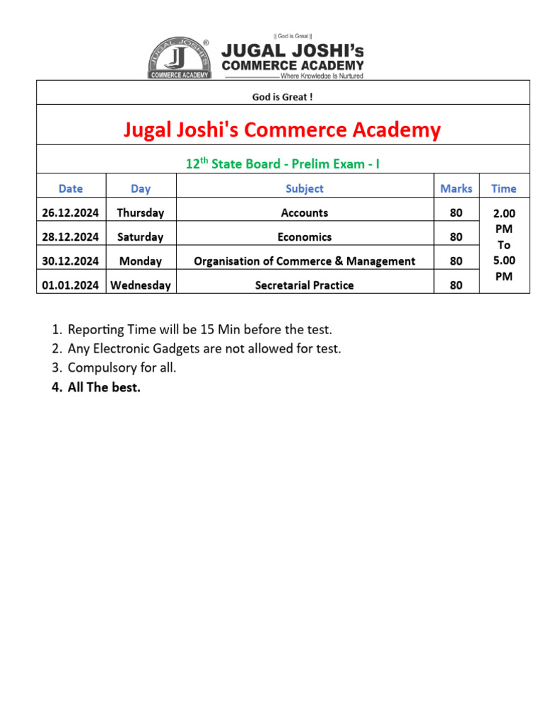 12th Prelim 1 Time Table | PDF