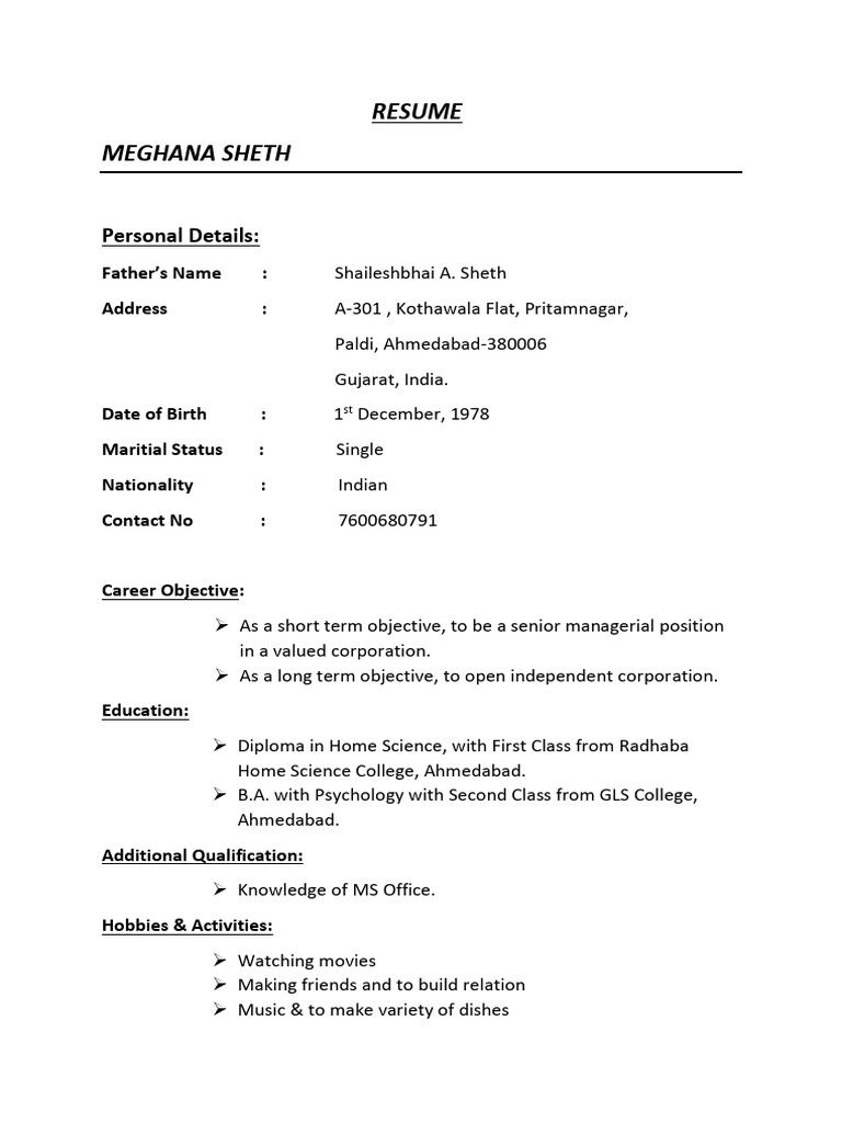 Resume Meghana Sheth: Personal Details | PDF