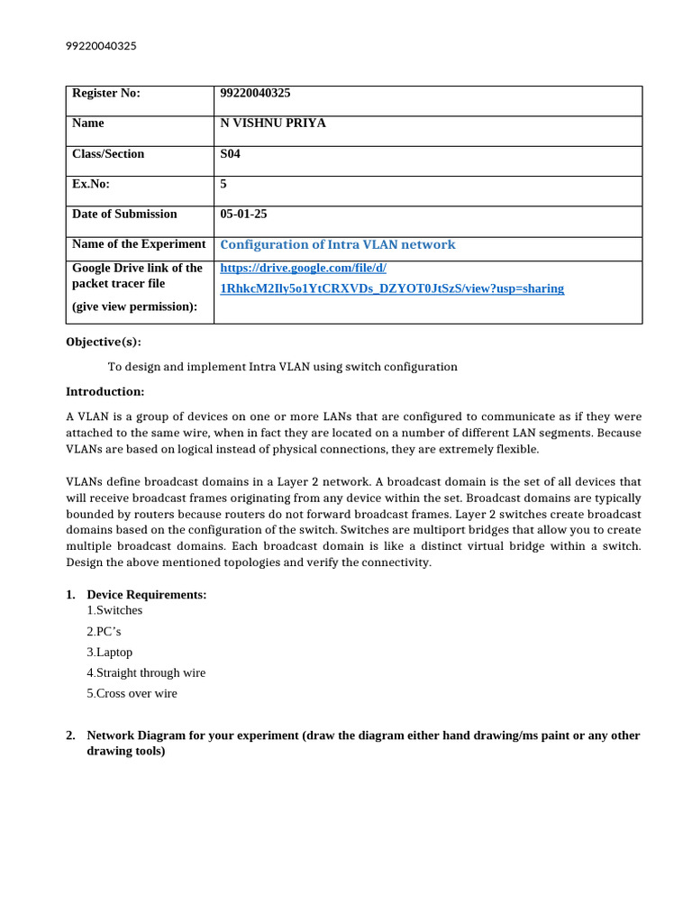 Ex - No.05 - Configuring Intra-VLAN Using Switch | PDF | Computer Network | Network Switch