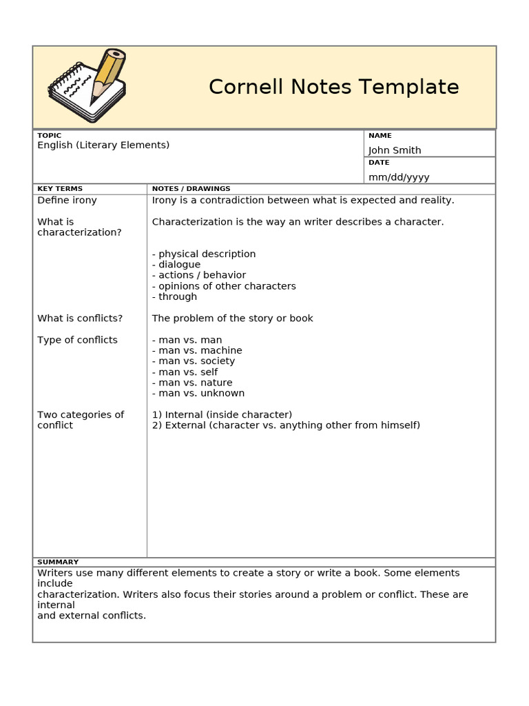 Literary Elements Cornell Notes | PDF
