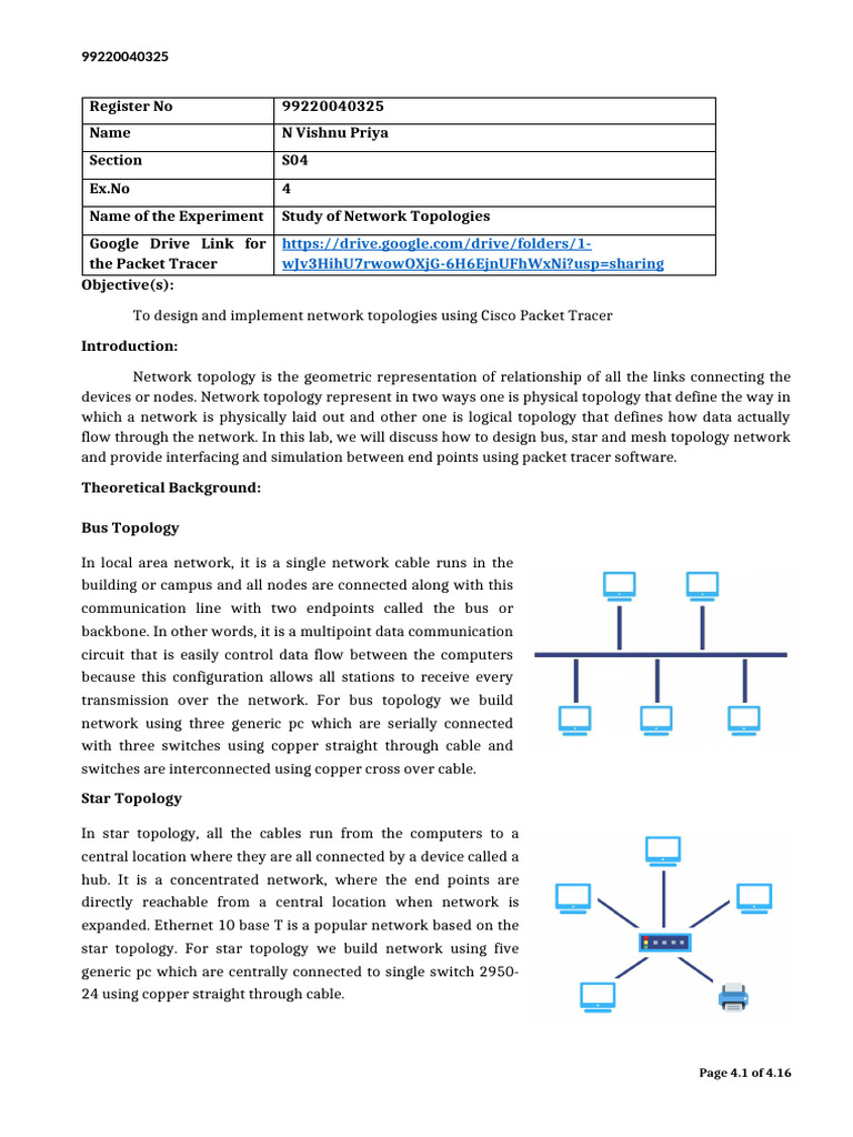 Ex - No.04 Network Topologies | PDF | Network Topology | Computer Network