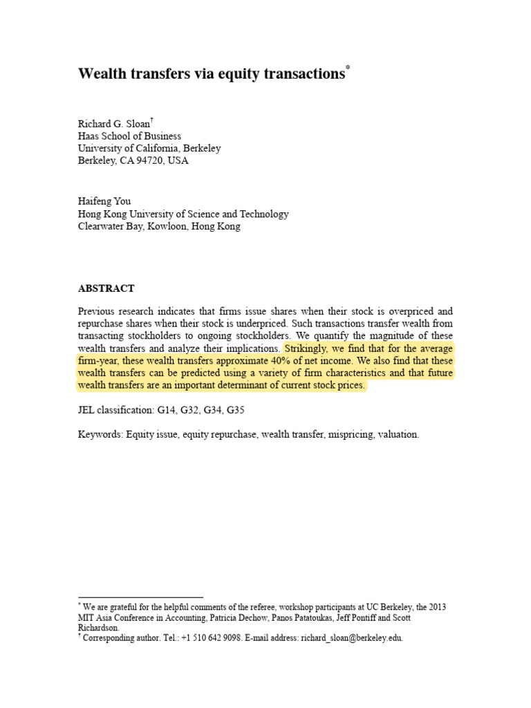Wealth Transfers in Equity Transactions | PDF | Stocks | Valuation ...