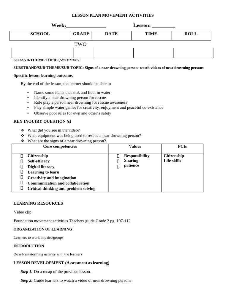 GRADE 2-Swimming-Lesson-Plans-Movement-Activities-1 | PDF | Lesson Plan ...