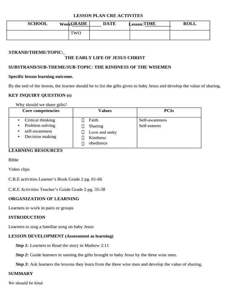 Early Life of Jesus: Kindness Lessons | PDF | Lesson Plan | Learning