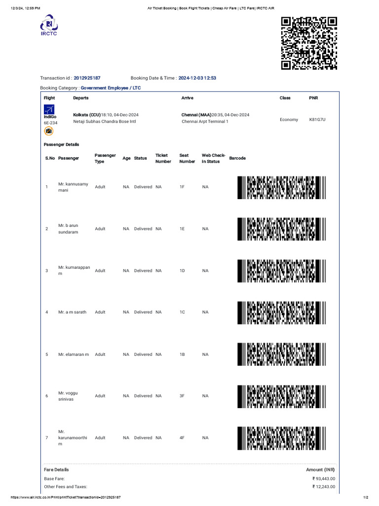 Return on 4th Dec CCU to MAA for 7 People | PDF