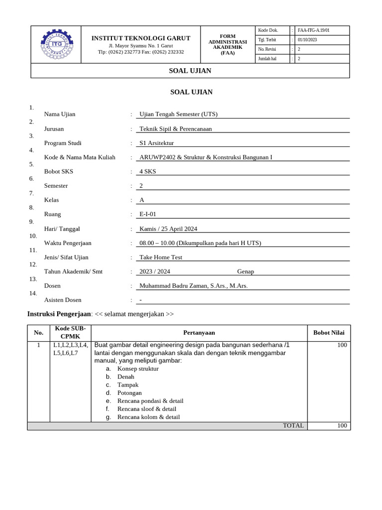 FAA-ITG-A.19 - 01 Soal Ujian-PS Arsitektur - SKB 1 | PDF