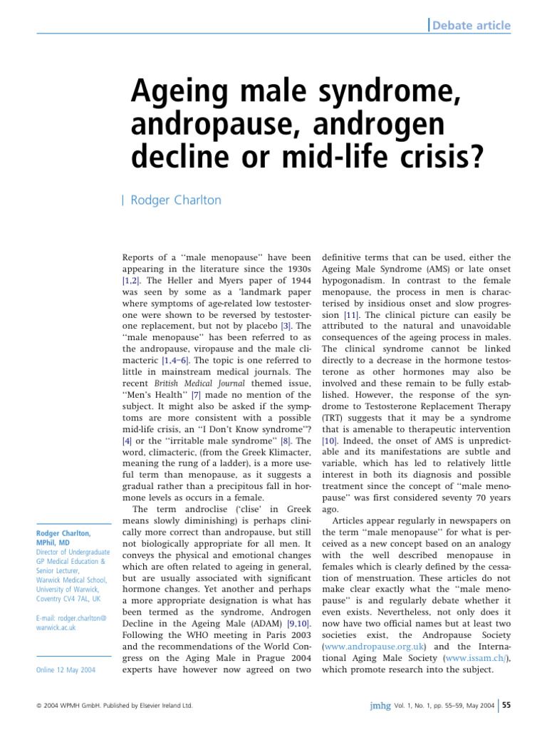 Ageing Male Syndrome, Andropause, Androgen Decline or Mid-Life Crisis (Charlton, 2004) | PDF ...