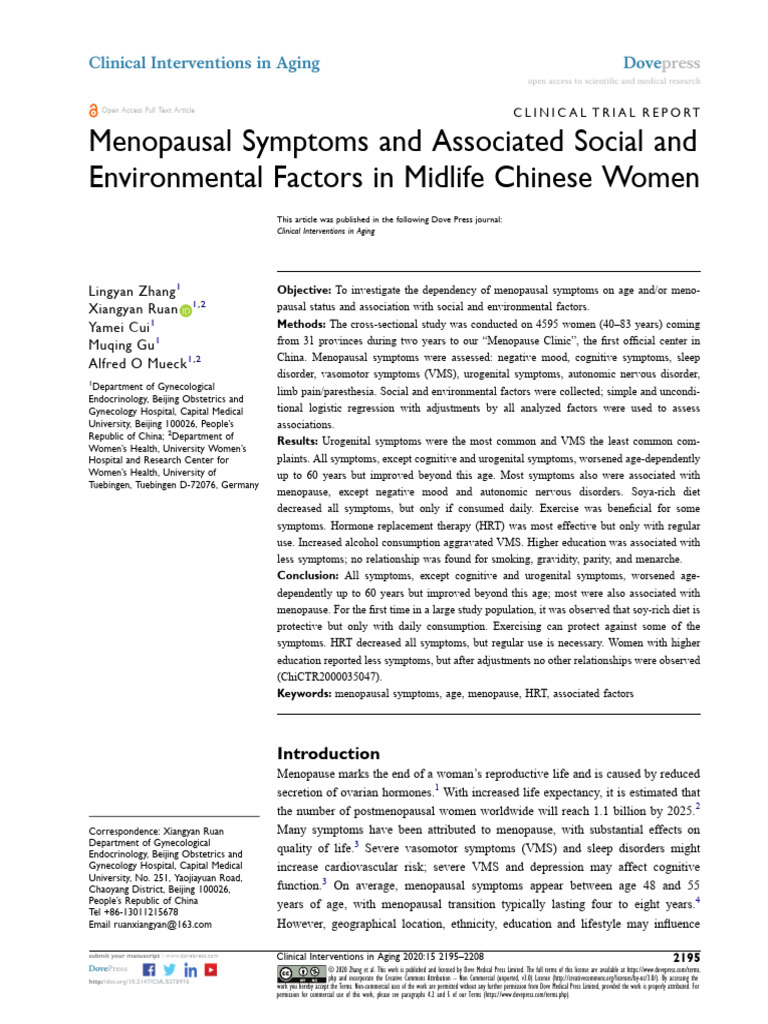 Menopausal Symptoms and Associated Social and Environmental Factors in Midlife Chinese Women ...
