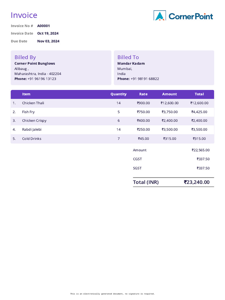 Invoice A00002 Corner Point Bunglows Mandar Kadam | PDF