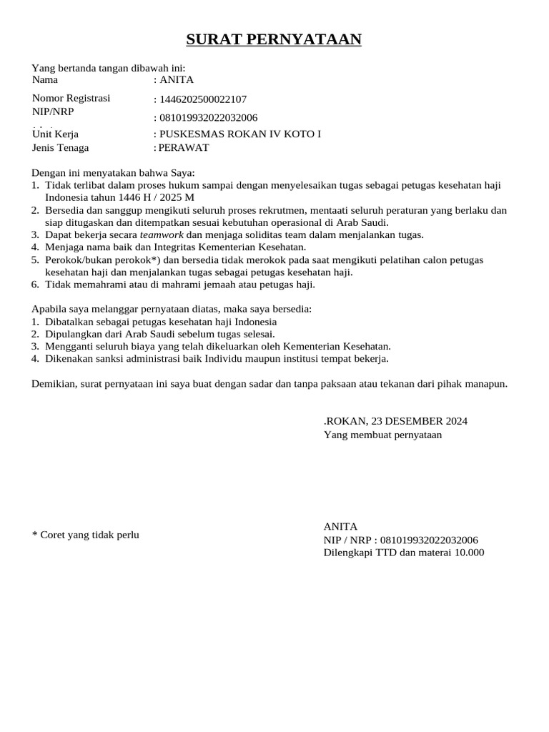 Surat Pernyataan TKH | PDF