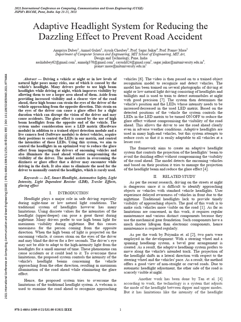 Adaptive Headlight System For Reducing The Dazzling Effect To Prevent ...