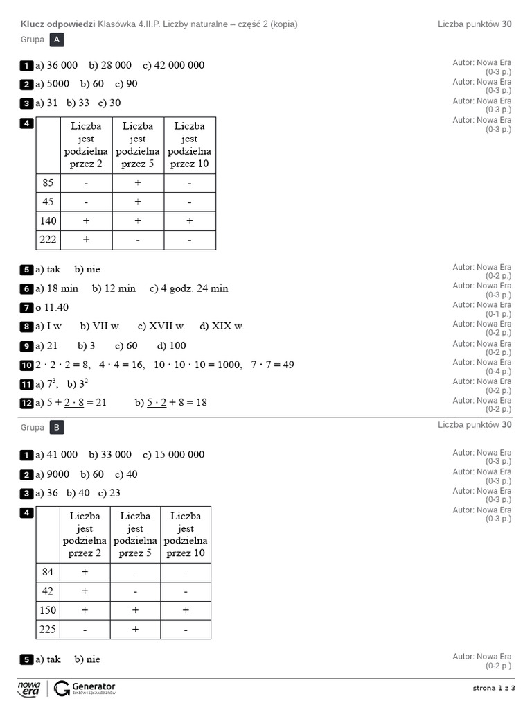 Klasówka 4.II.P. Liczby Naturalne - Część 2 (Kopia) Klucz Odpowiedzi | PDF