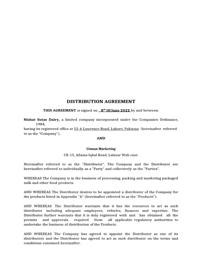 Distribution Agreement Draft | PDF | Breach Of Contract | Sole Proprietorship