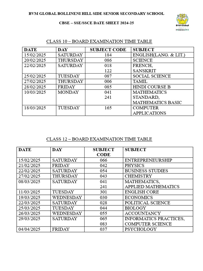 CBSE 2025_ DATE SHEET FOR THE CLASSES 10 12 | PDF