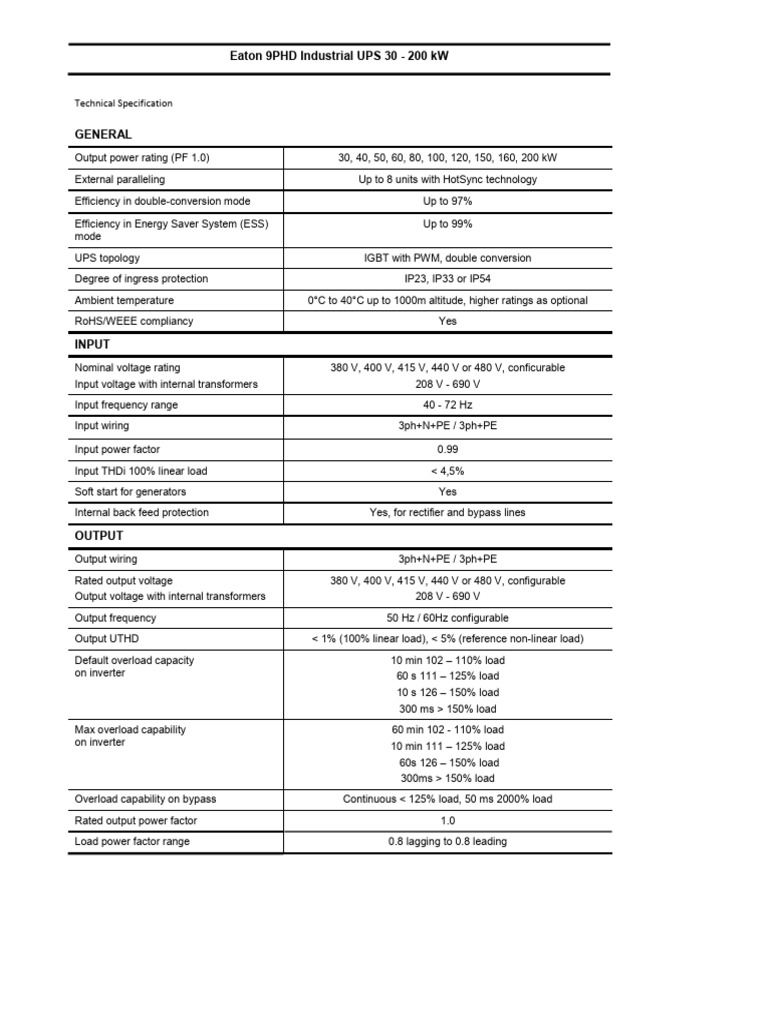 Eaton 9phd Industrial Ups 30 200kw General Technical Specification Rev ...