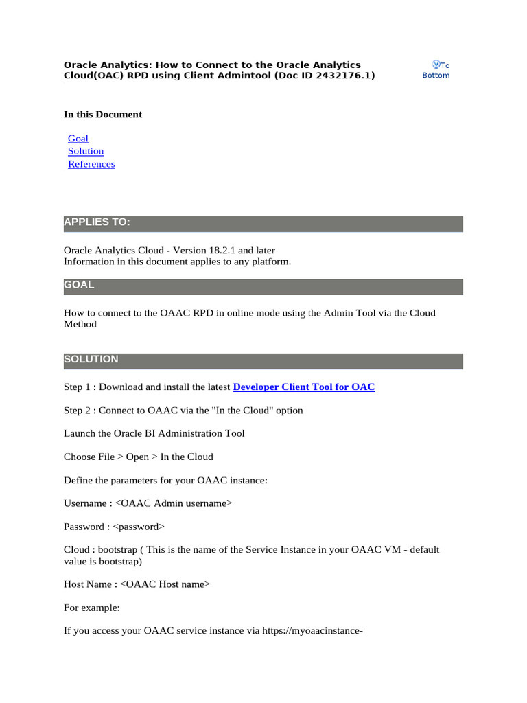 Connect to Oracle Analytics Cloud RPD | PDF