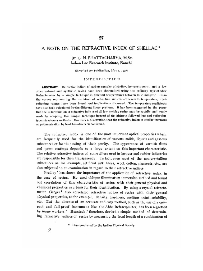1940 - Bhattacharya - A NOTE ON TH E REFRACTIVE INDEX OF SHELLAC | PDF ...