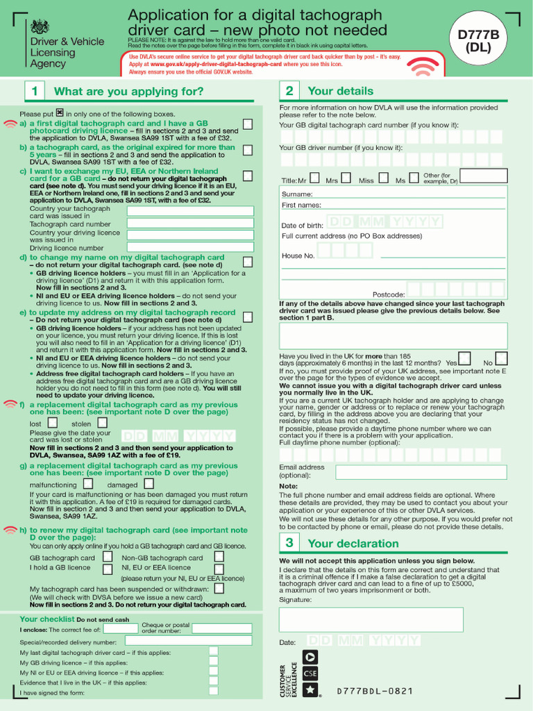 Application For Digital Tachograph Driver Card d777b | PDF