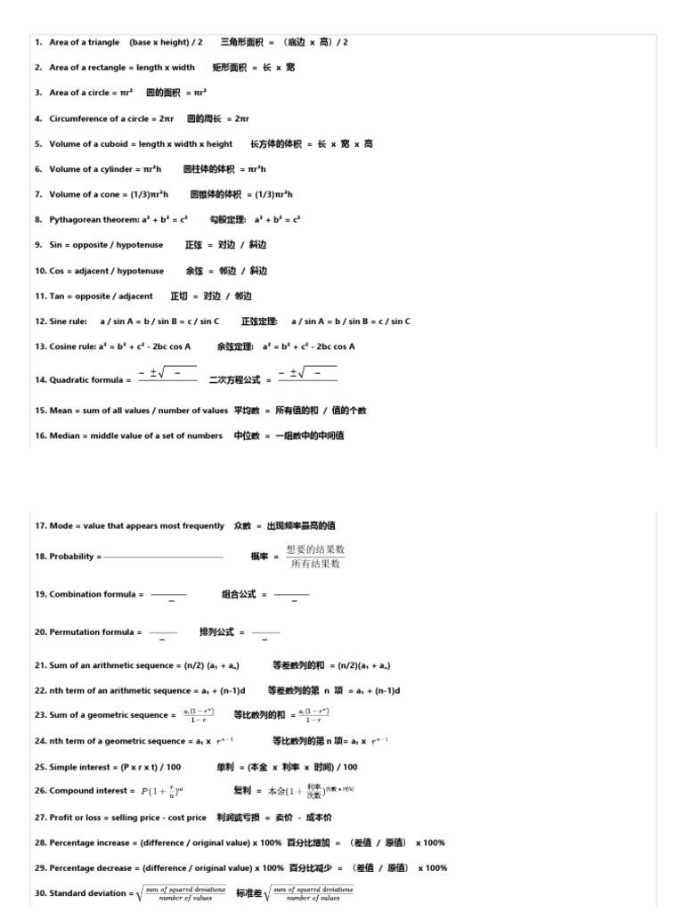 Essential Geometry and Algebra Formulas | PDF | Quadratic Equation | Mathematics