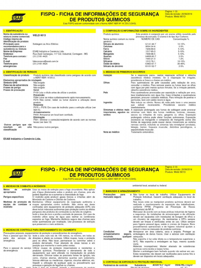 FISPQ ESAB 6013 PDF | PDF